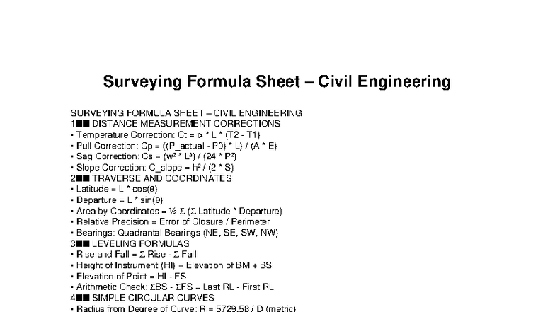 Surveying Formula Sheet for Civil Engineering (CE 101) - Studocu