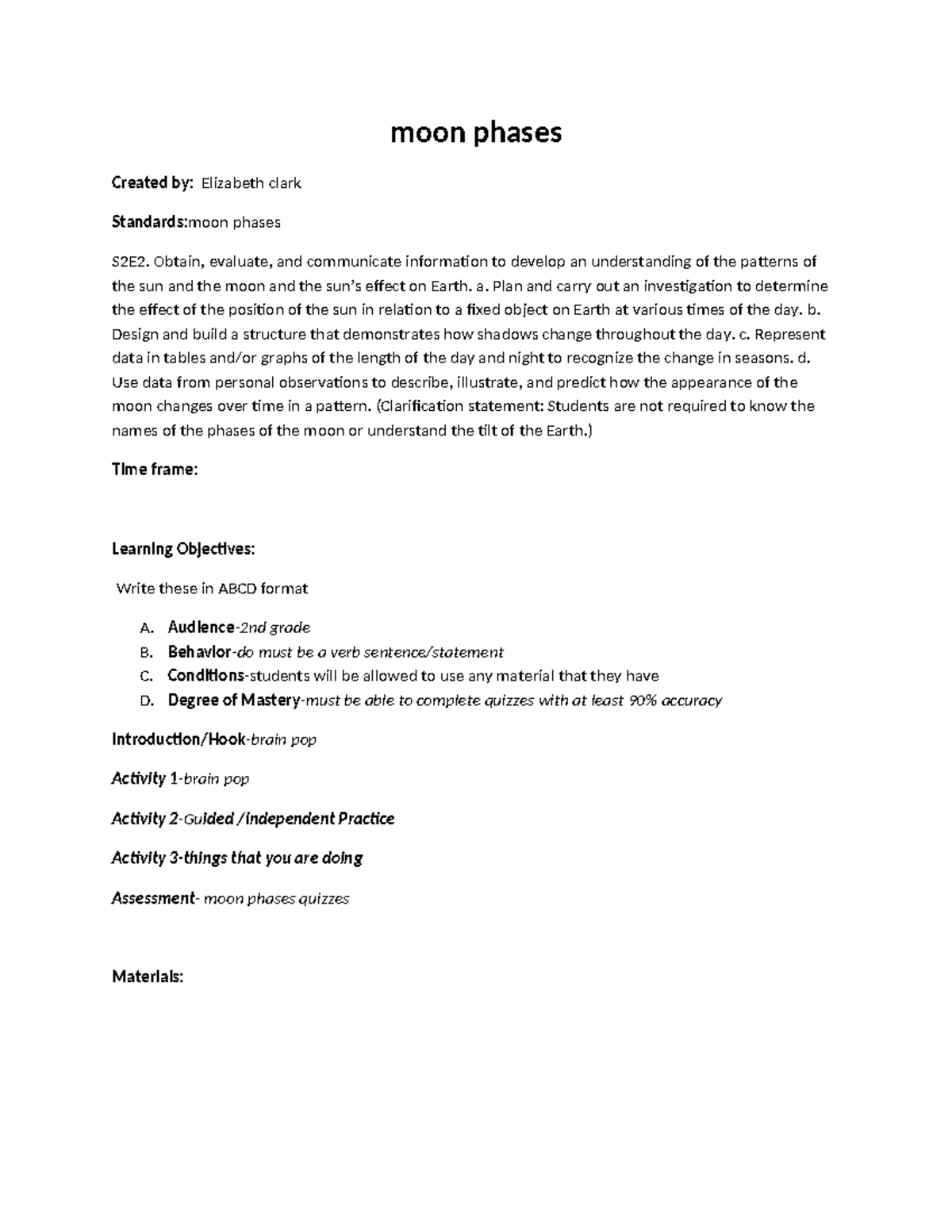 ABCD S2E2 Lesson Plan: Understanding Moon Phases for 2nd Grade - Studocu