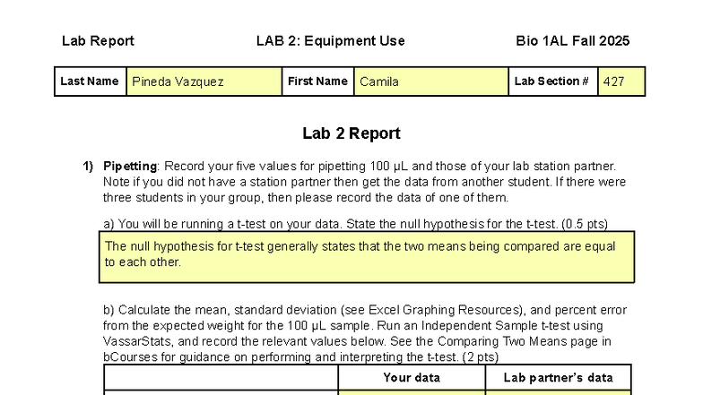 Lab 2 Report: Equipment Analysis for Bio 1AL Fall 2025 - Studocu