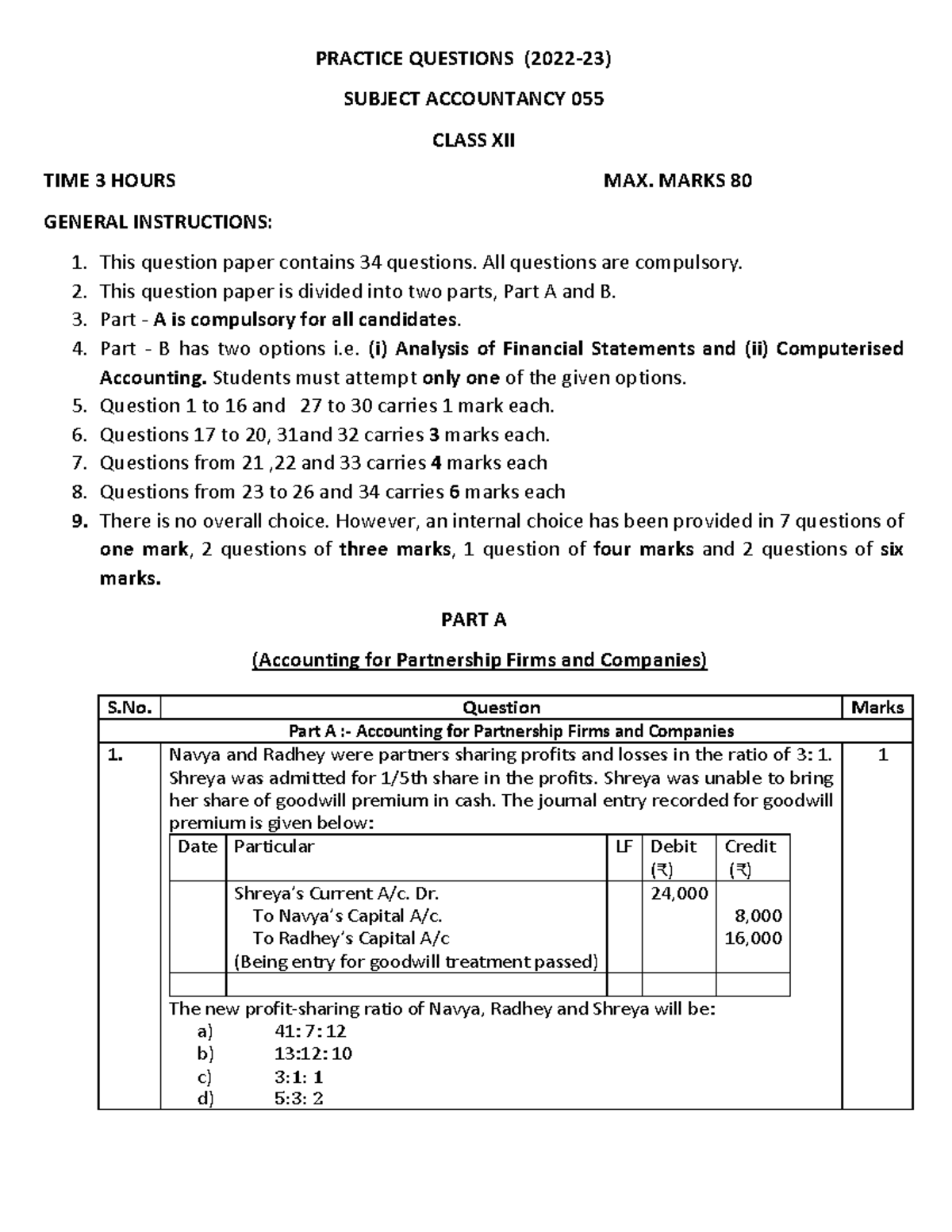 Accountancy 055 Class XII Practice Questions for Final Exam - Studocu