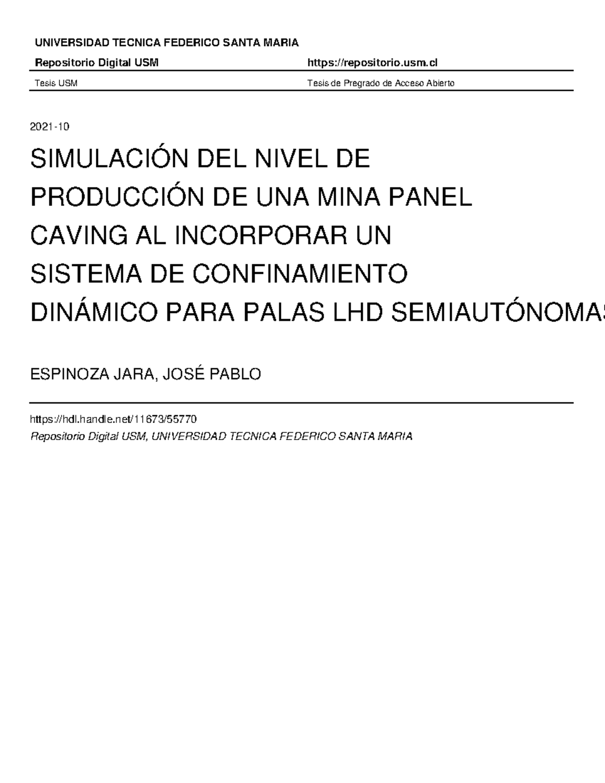 Tesis USM: Simulación de Producción en Mina Panel Caving con LHD SA ...