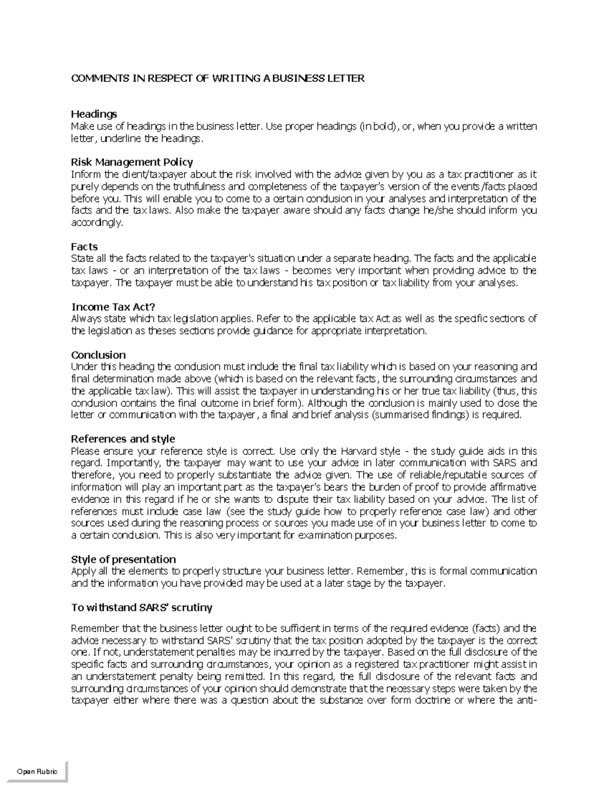 TAX3705 Assignment 1: Business Letter Writing Guidelines and Comments - Studocu