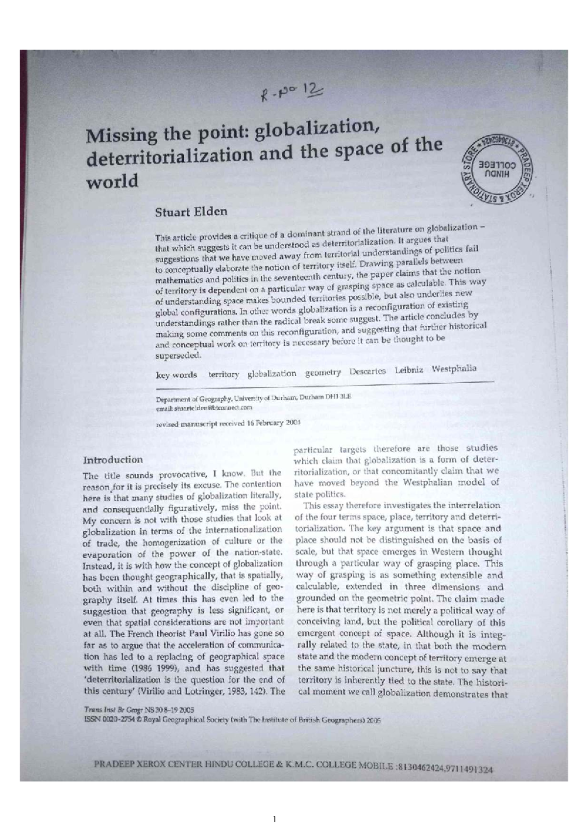 R No. 12 Globalization and Deterritorialization: A Critical Analysis in ...