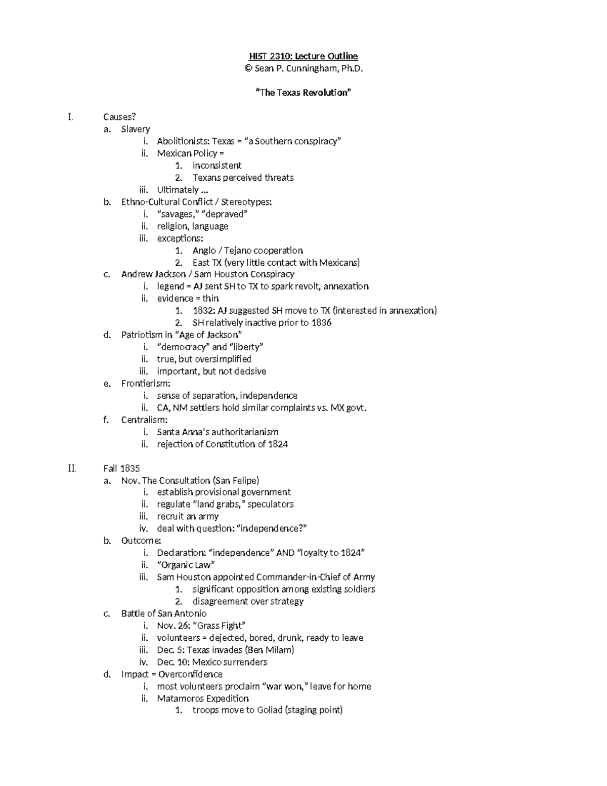HIST 2310: Lecture Notes on the Texas Revolution Overview - Studocu