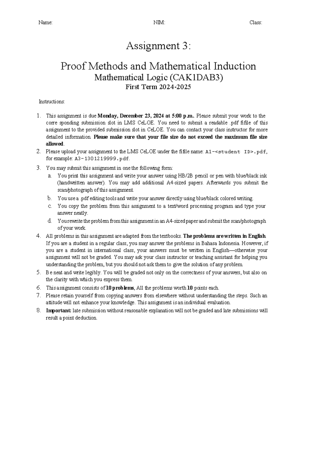 Assignment 03: Proof Methods and Mathematical Induction (CAK1DAB3 ...