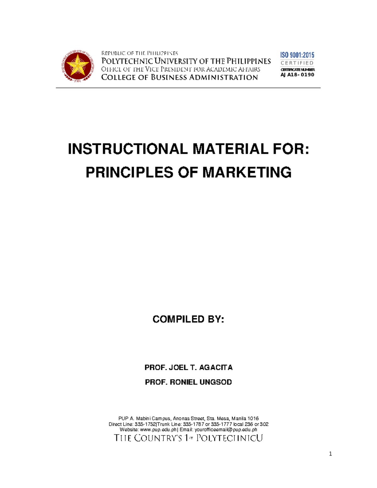 Fundamentals of Marketing - Instructional Material for 1st year ...