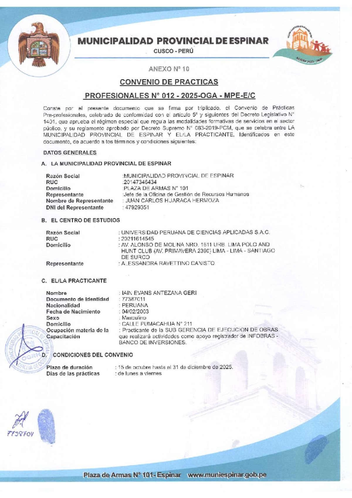 Convenio de Prácticas Profesionales 012 - Municipalidad de Espinar 2023 ...