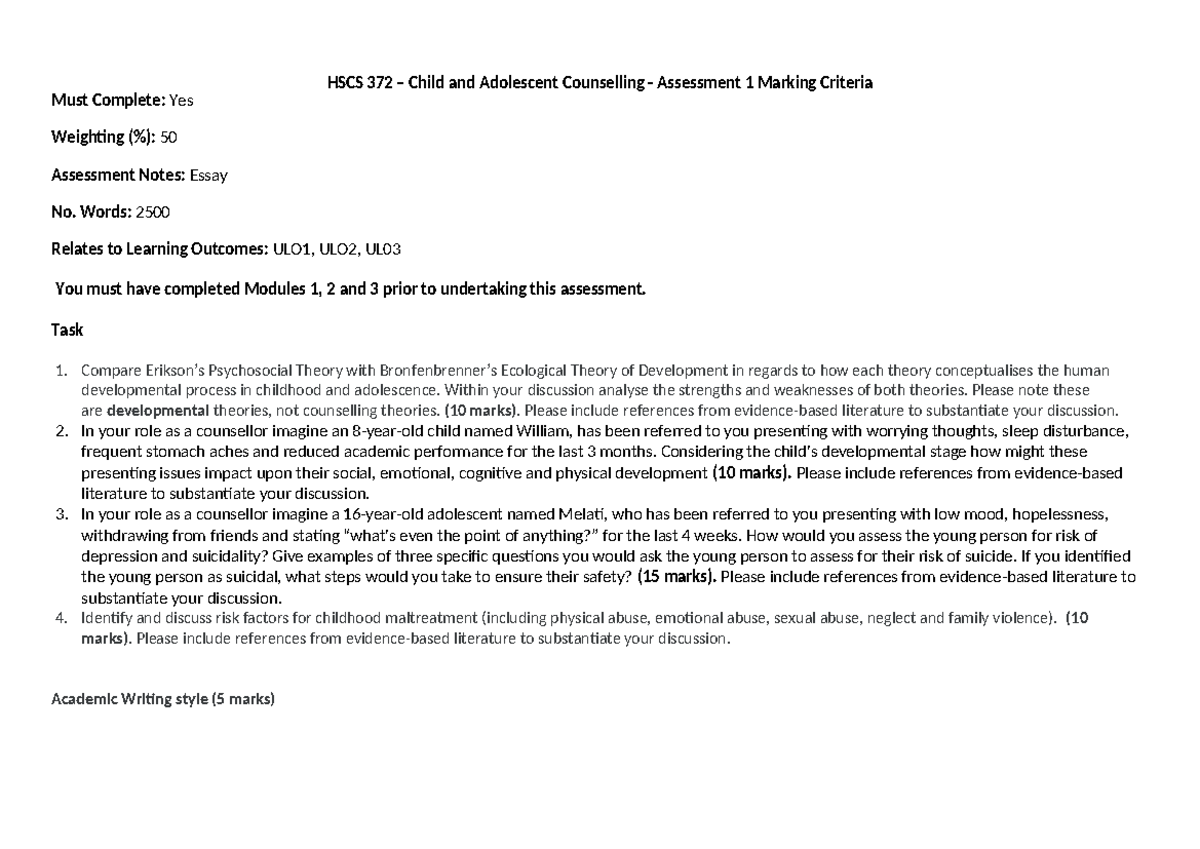 HSCS 372 A2 Marking Criteria Guide: Child & Adolescent Counselling ...
