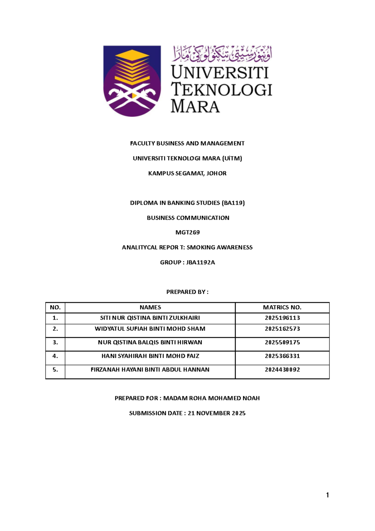 MGT269 Analytical Report: Smoking Awareness Among UiTM Students - Studocu