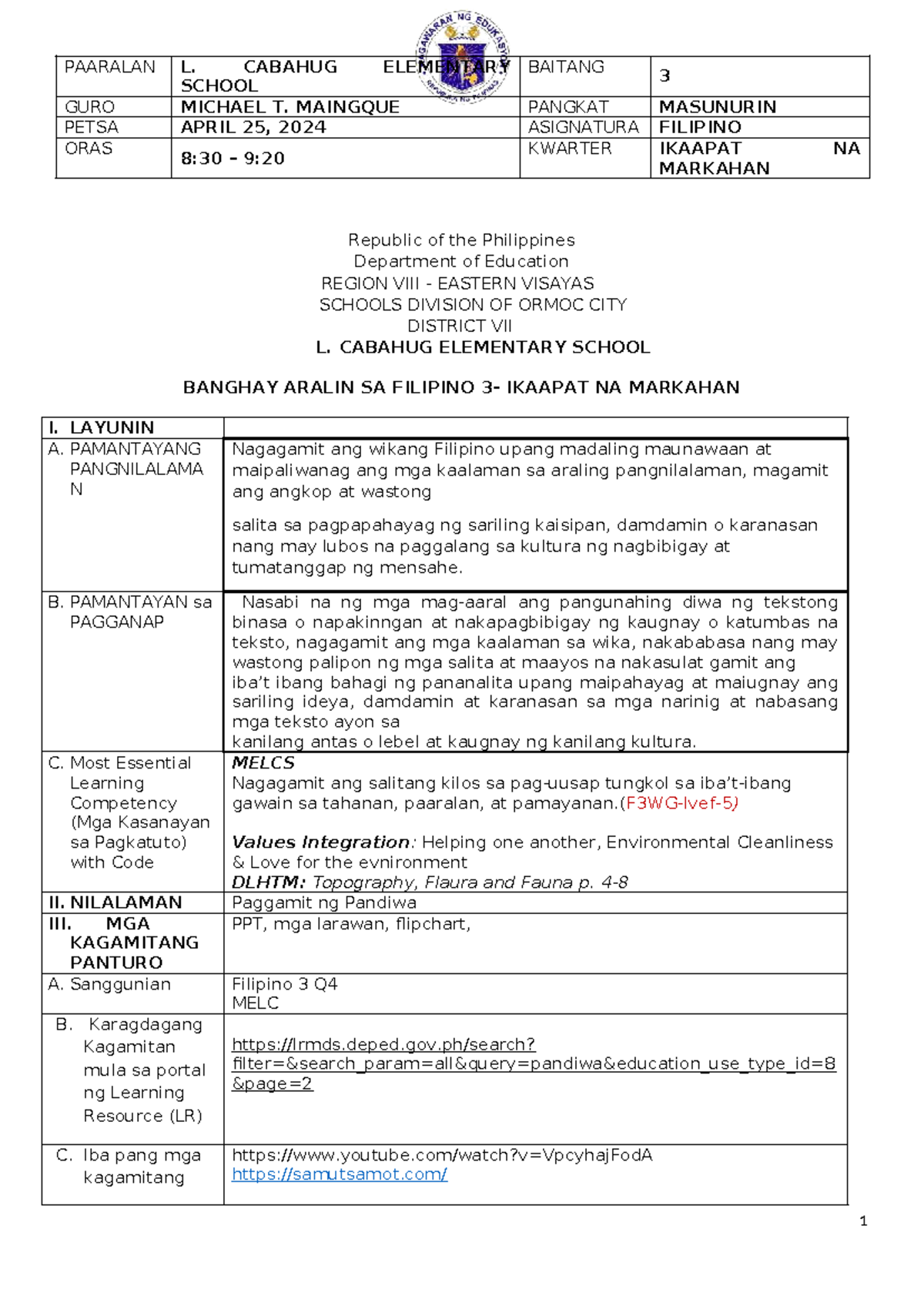 4TH FIL - Lesson Plan on Pandiwa for Kwarto 3 - Studocu