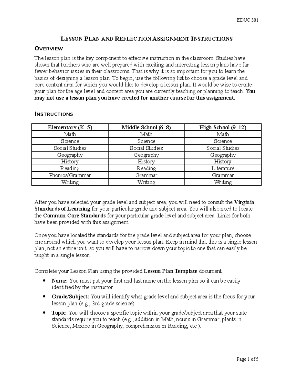 K-12 Lesson Plan & Reflection Assignment Instructions Guide - Studocu