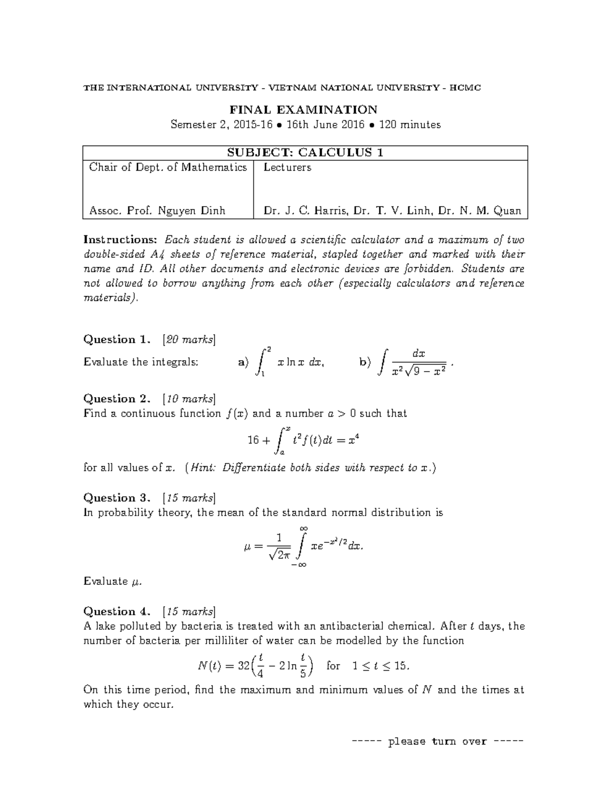 Calculus 1 Final Exam - International University VN, June 2016 - Studocu
