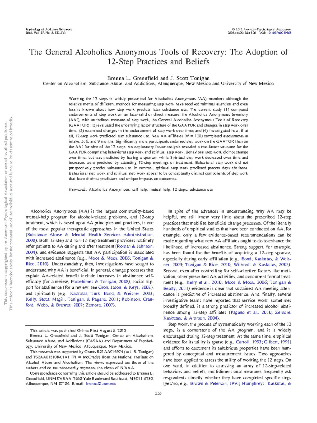 General Alcoholics Anonymous Tools of Recovery: 12-Step Practices Study ...