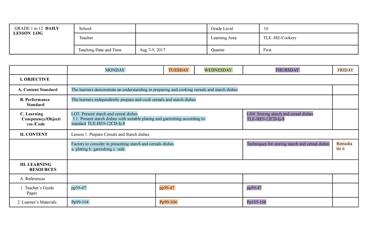 DLL-TLE-Cookery-Grade 10-Quarter 1-Weekly Lesson Log - Studocu