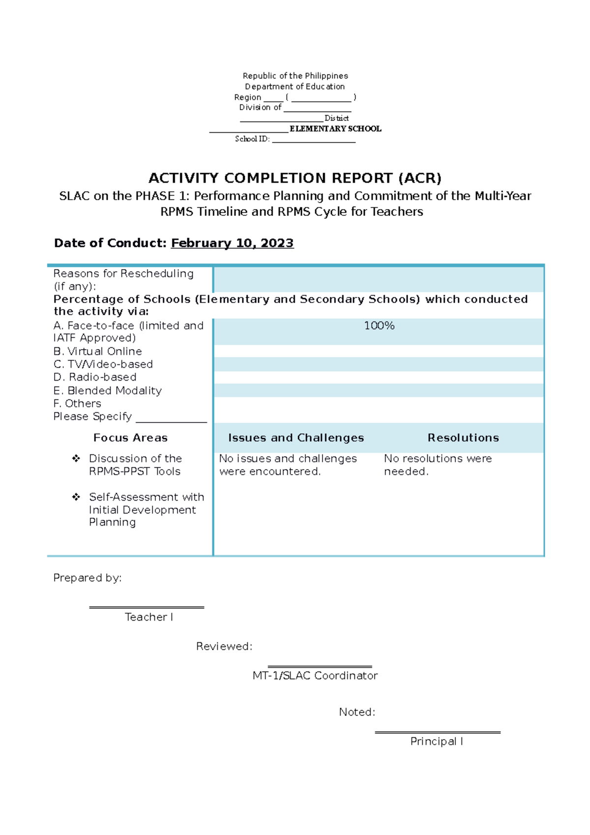 ACR Phase 1 Report for RPMS 2023 in DepEd Schools - Studocu