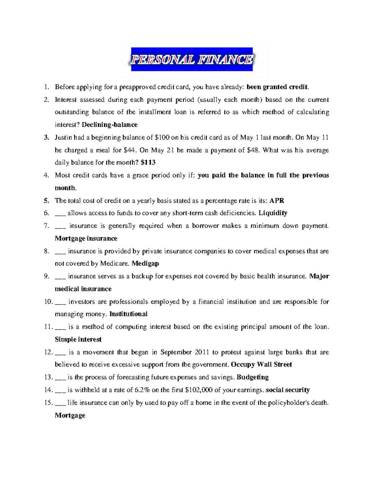 Personal Finance Study Guide: Key Concepts and Terms - Studocu