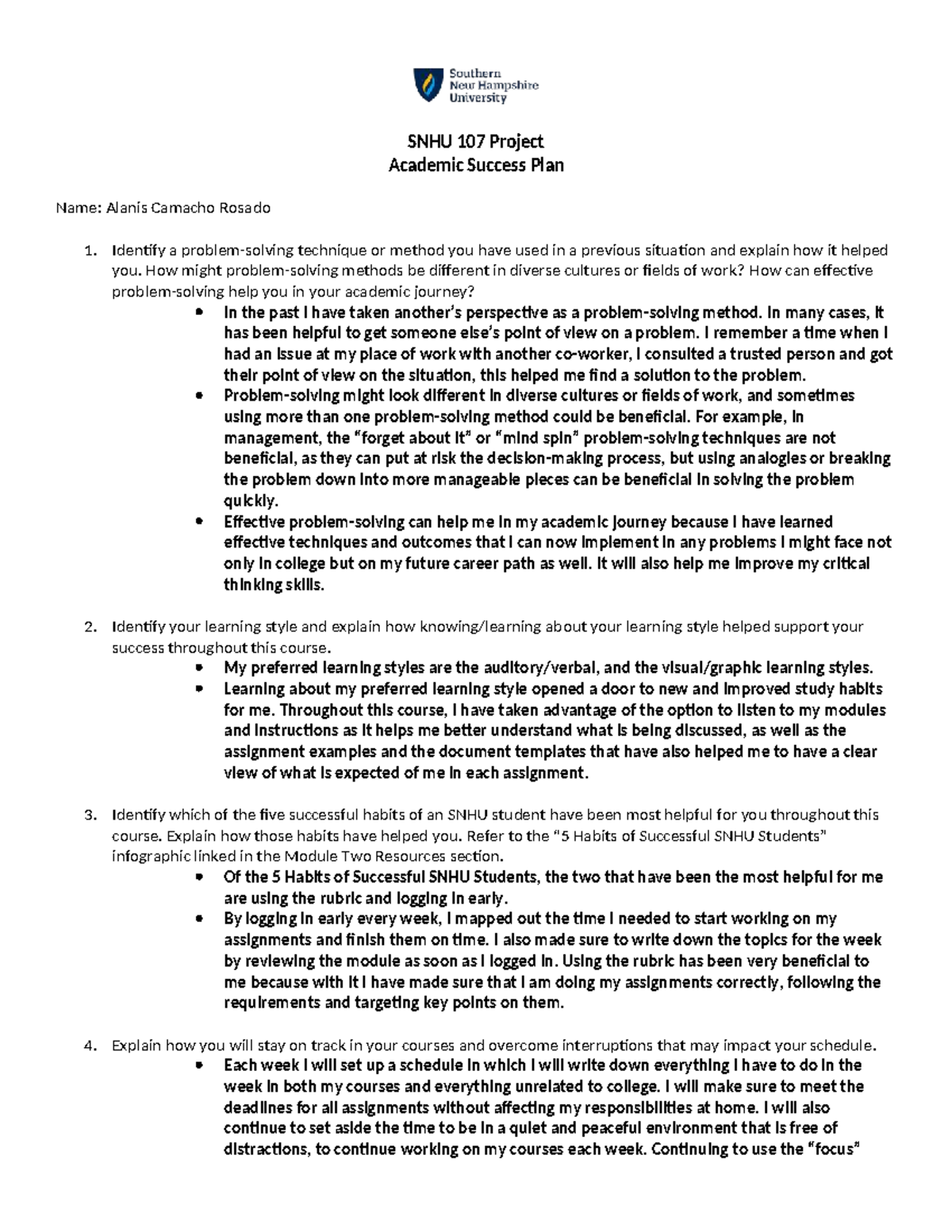 SNHU 107 Academic Success Plan: Insights and Strategies for Success ...
