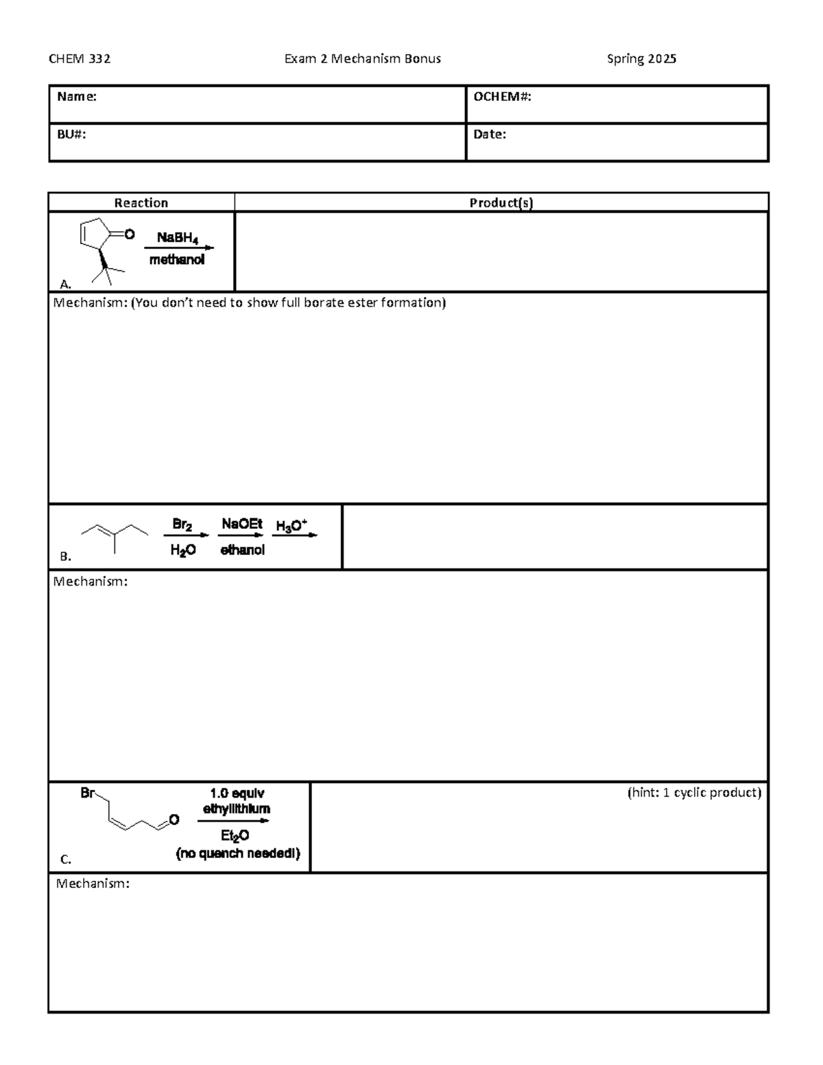 Exam 2 Mechanism Bonus final - Chem 332 - CHEM 332 Exam 2 Mechanism Bonus Spring 2025 Name ...