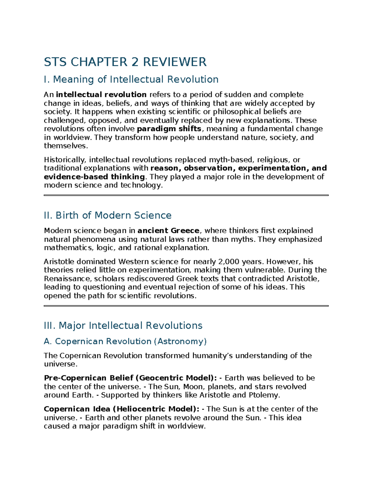 STS CHAPTER 2 – REVIEWER ON INTELLECTUAL REVOLUTIONS - Studocu
