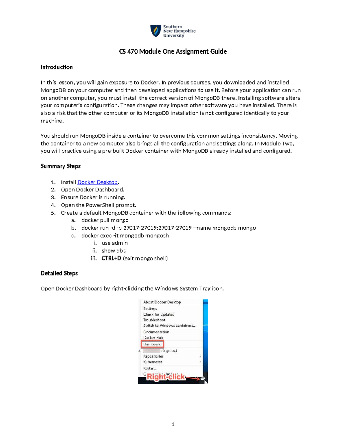 CS 470 Module 1: Docker and MongoDB Container Setup Guide - Studocu