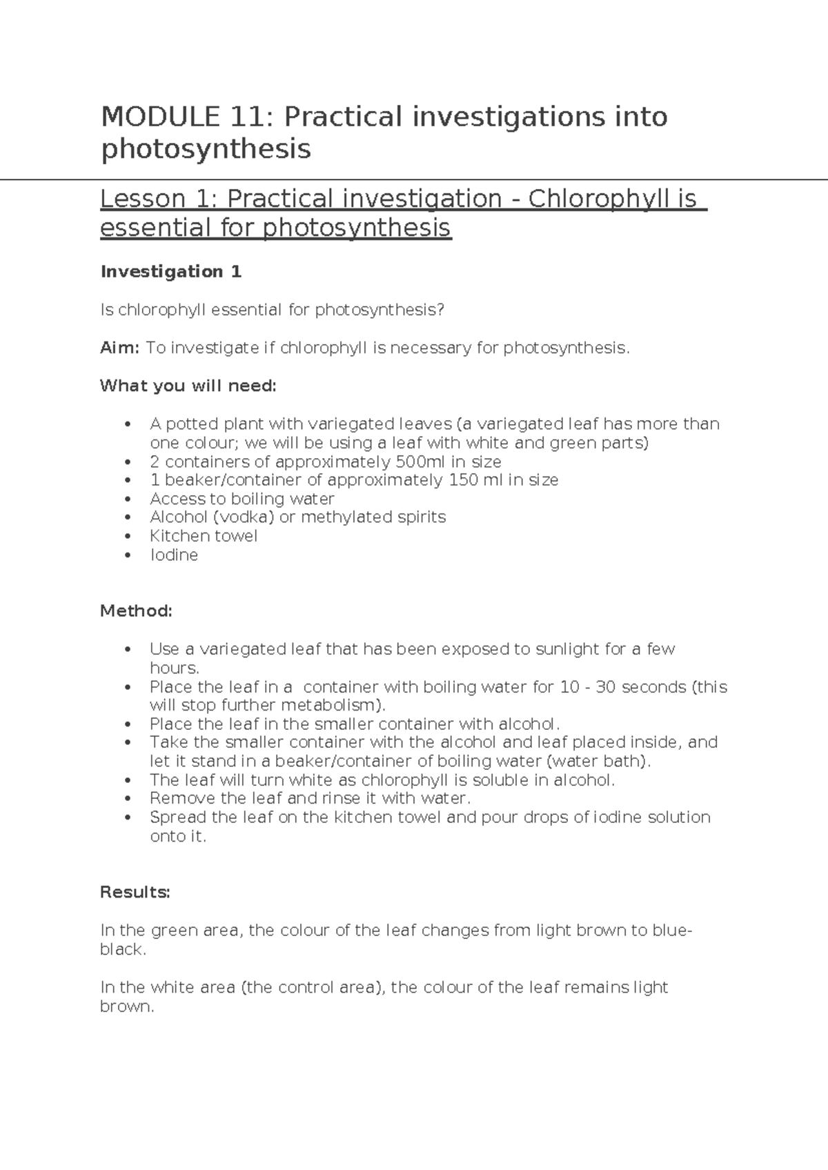 Module 11: Investigating the Role of Chlorophyll in Photosynthesis ...