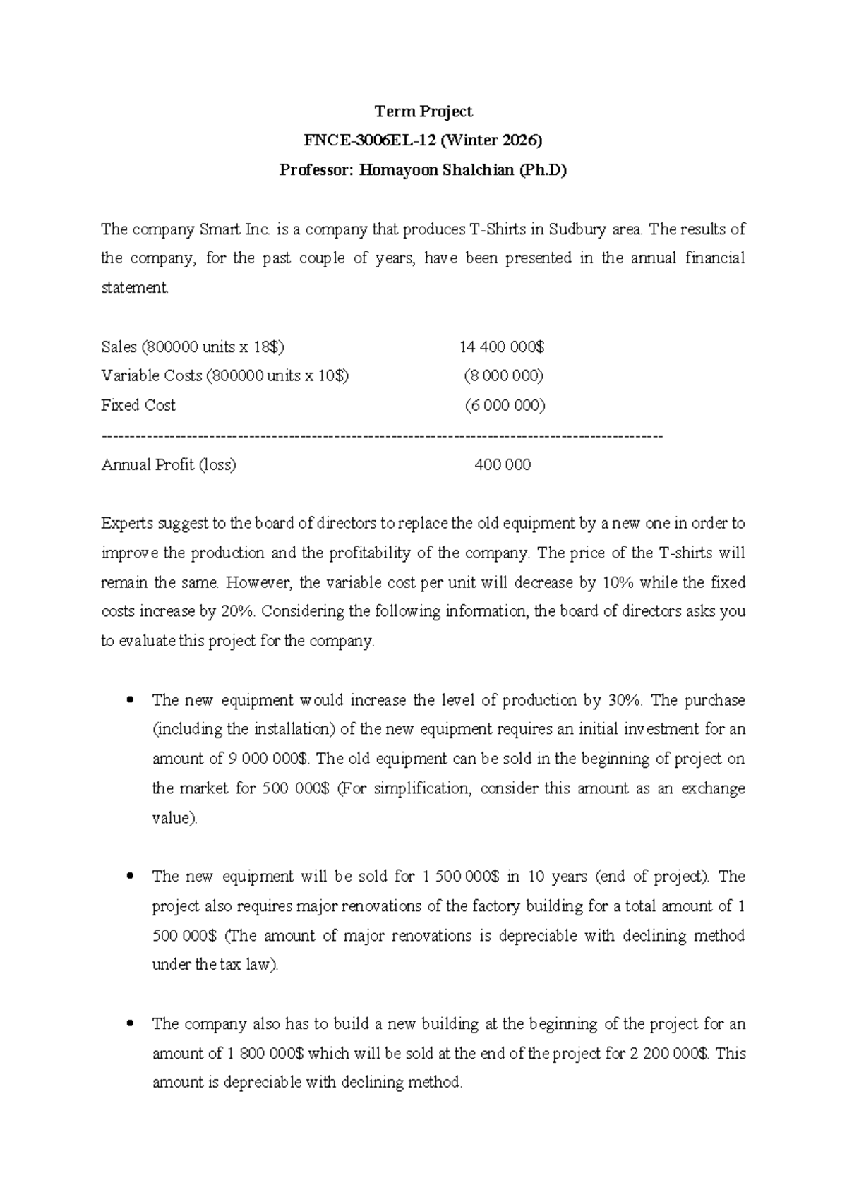 FNCE 3006 EL12 - Term Project Analysis for Smart Inc. - Studocu