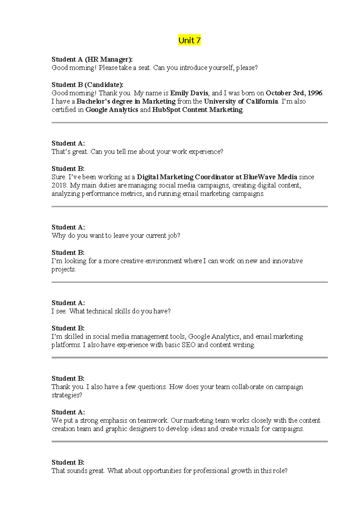 Unit 7 - Interview Role Play: HR & Candidate Interaction - Studocu