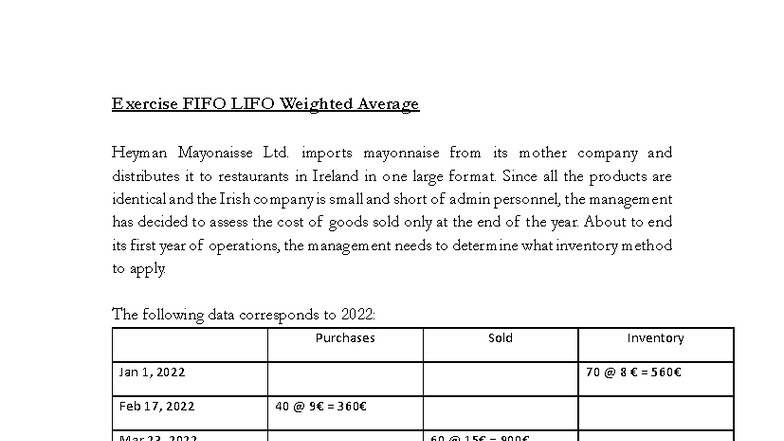 Exercise FIFO LIFO WA - Finance Accounting Exercise Analysis - Studocu