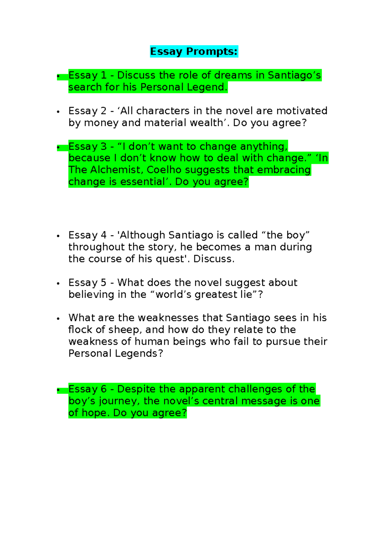 Essay Prompts: Analyzing Themes in Coelho's The Alchemist - Studocu