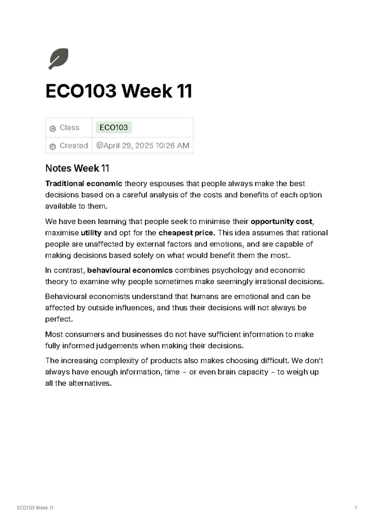ECO103 Week 11 Notes: Insights on Traditional vs. Behavioral Economics ...