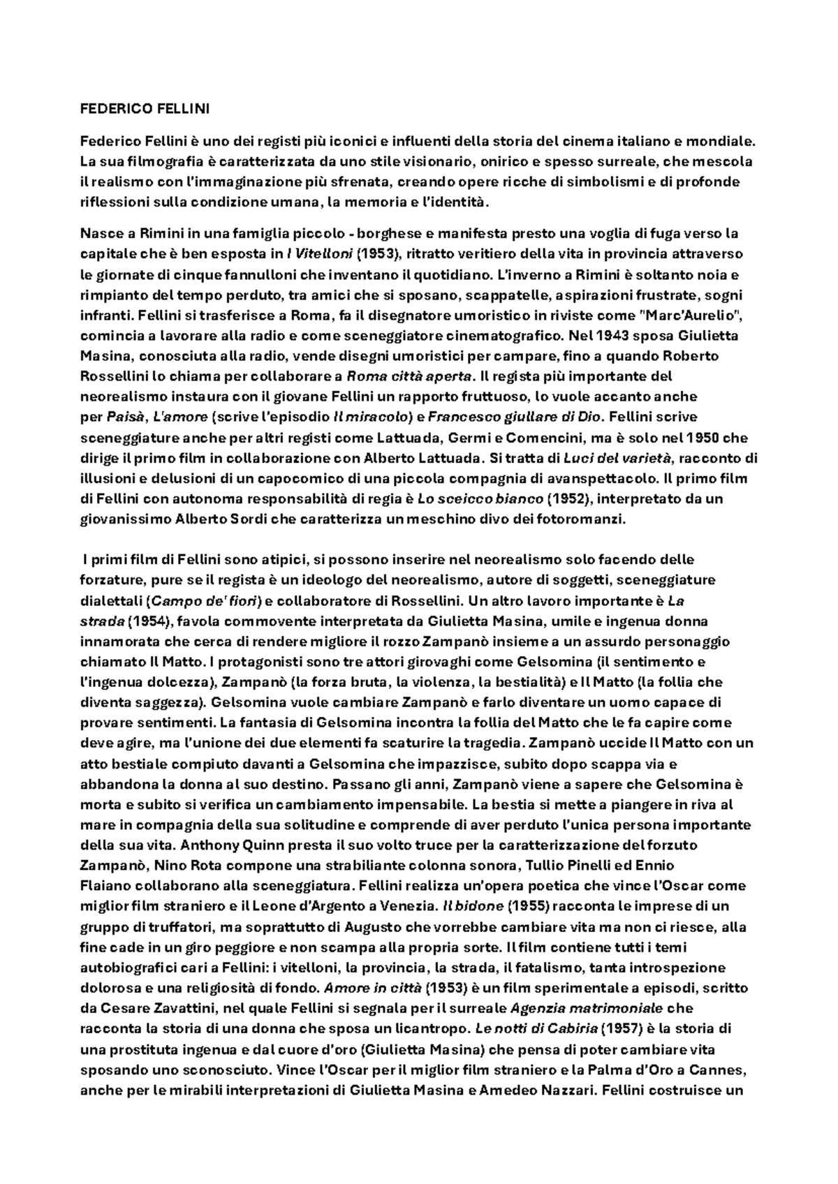 FEDERICO FELLINI: Storia e Stile del Maestro del Cinema - Studocu