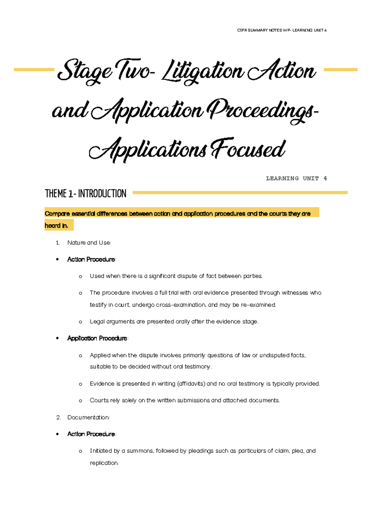 CIPR Summary Notes - Learning Unit 4: Action vs Application Procedures ...