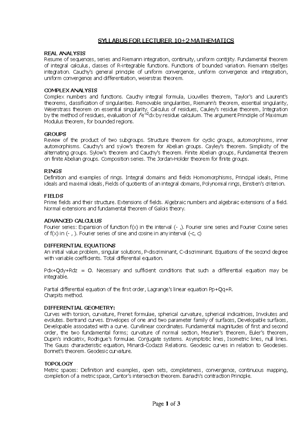 Mathematics - Syllabus for psc - Page 1 of 3 SYLLABUS FOR LECTURER 10+2 ...