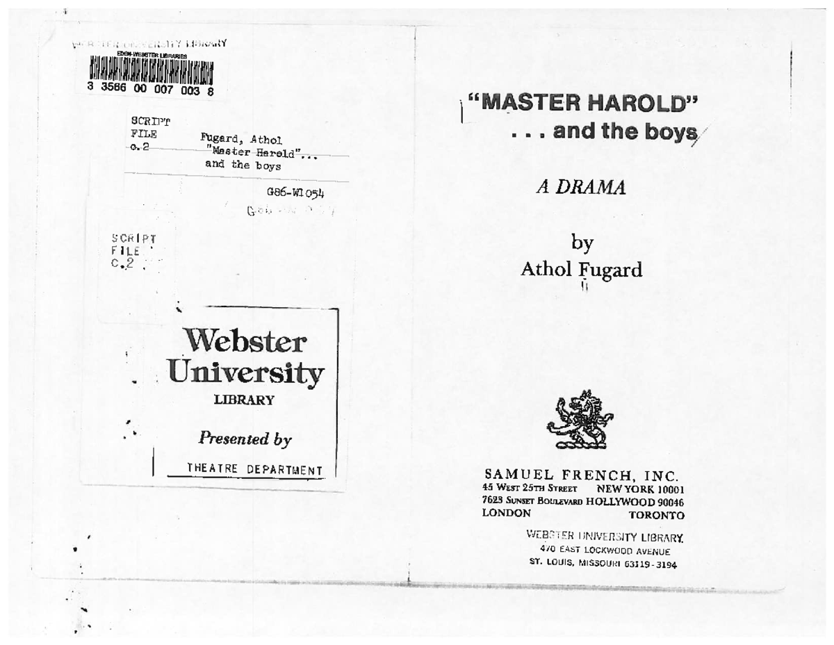 Master Harold and the Boys: A Drama Script Analysis (THEA 3566) - Studocu