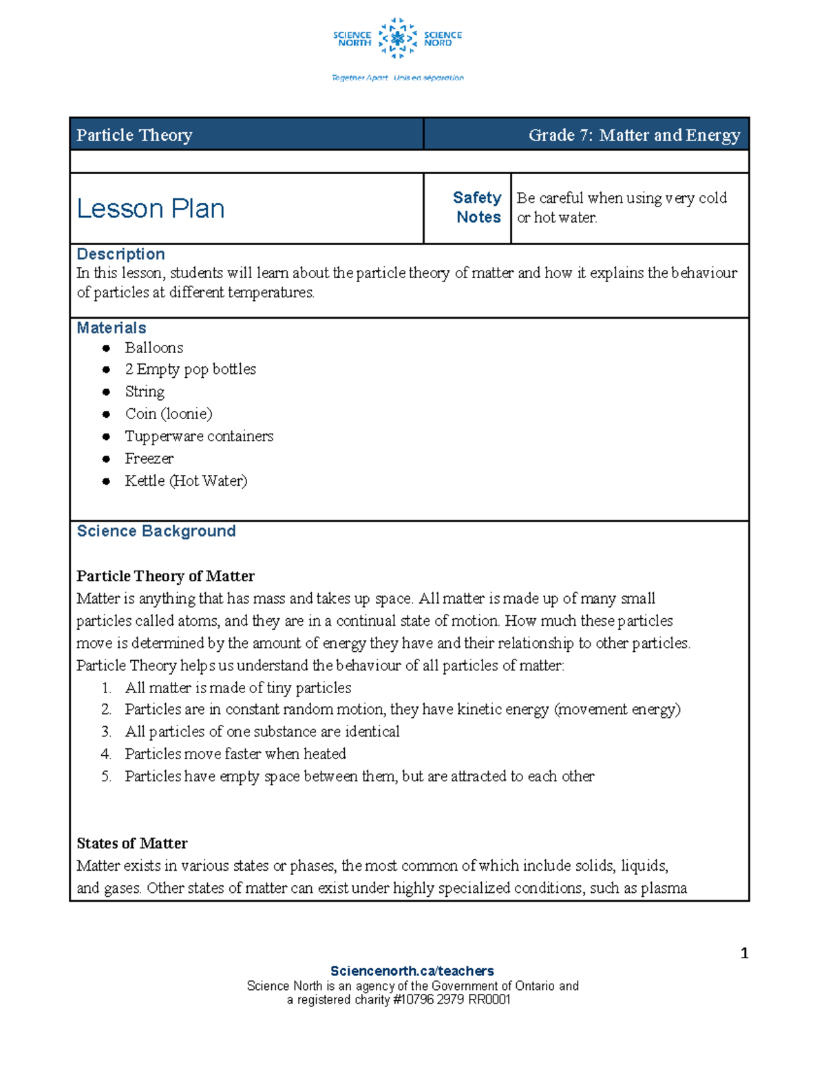 Particle Theory Grade 7: Matter and Energy Lesson Plan & Activities ...