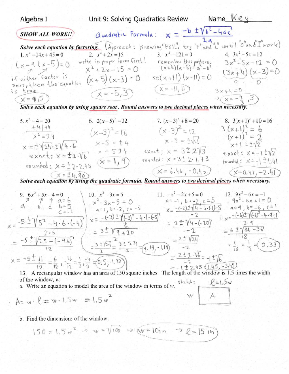 Final Exam Study Guide for Algebra I (Course XYZ): Quadratics Review ...