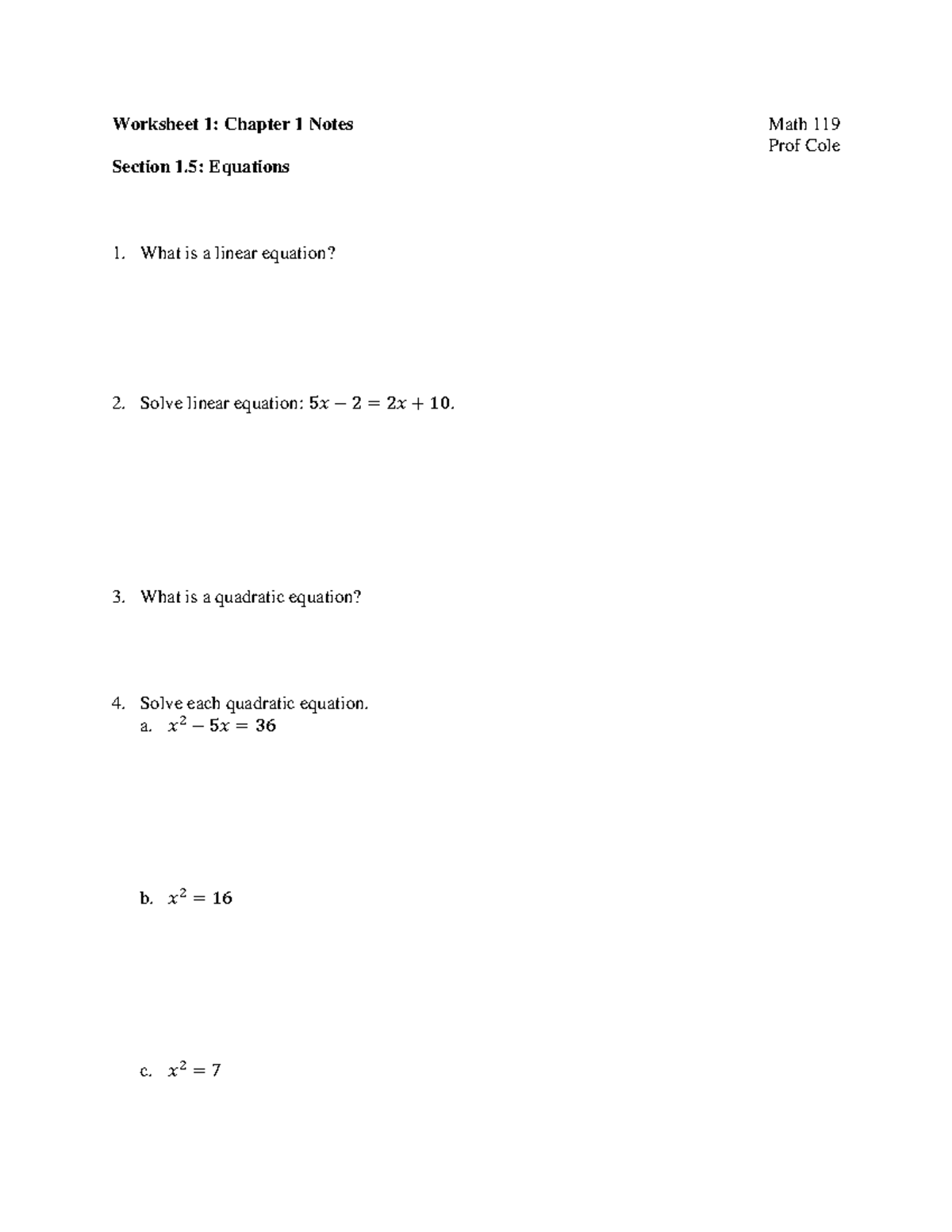 Math 119: Chapter 1 Worksheet - Linear & Quadratic Equations - Studocu