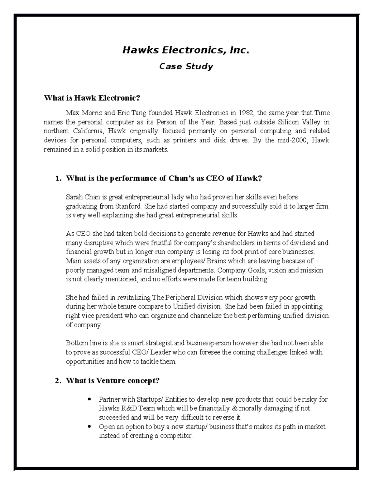 Hawks Electronics Case Study Assignment: CEO Performance & Strategy - Studocu