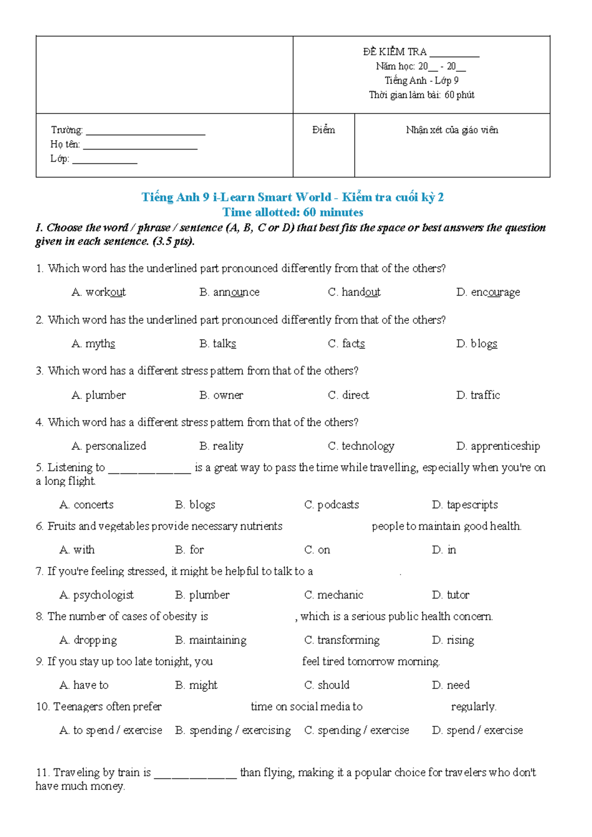Tiếng Anh 9 - ILSM - KIỂM TRA CUỐI KỲ 2 - ĐỀ 1 - TEST Paper - ĐỀ KIỂM ...