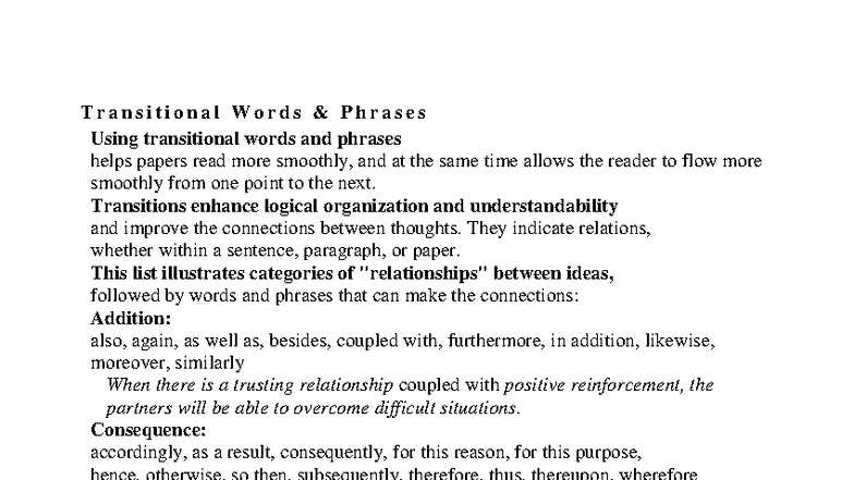 Transitional Words & Phrases for Smooth Writing - Studocu