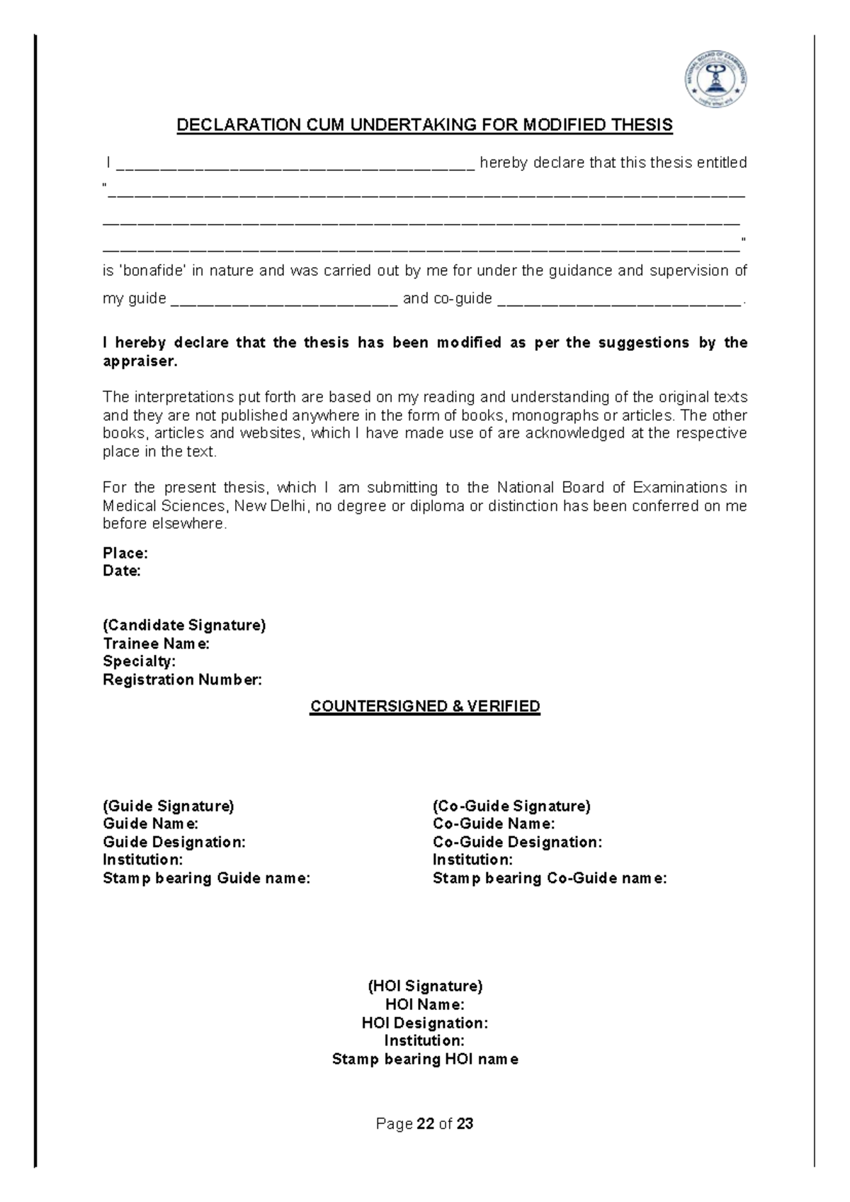 Modified Thesis Declaration for NBE Submission - Studocu