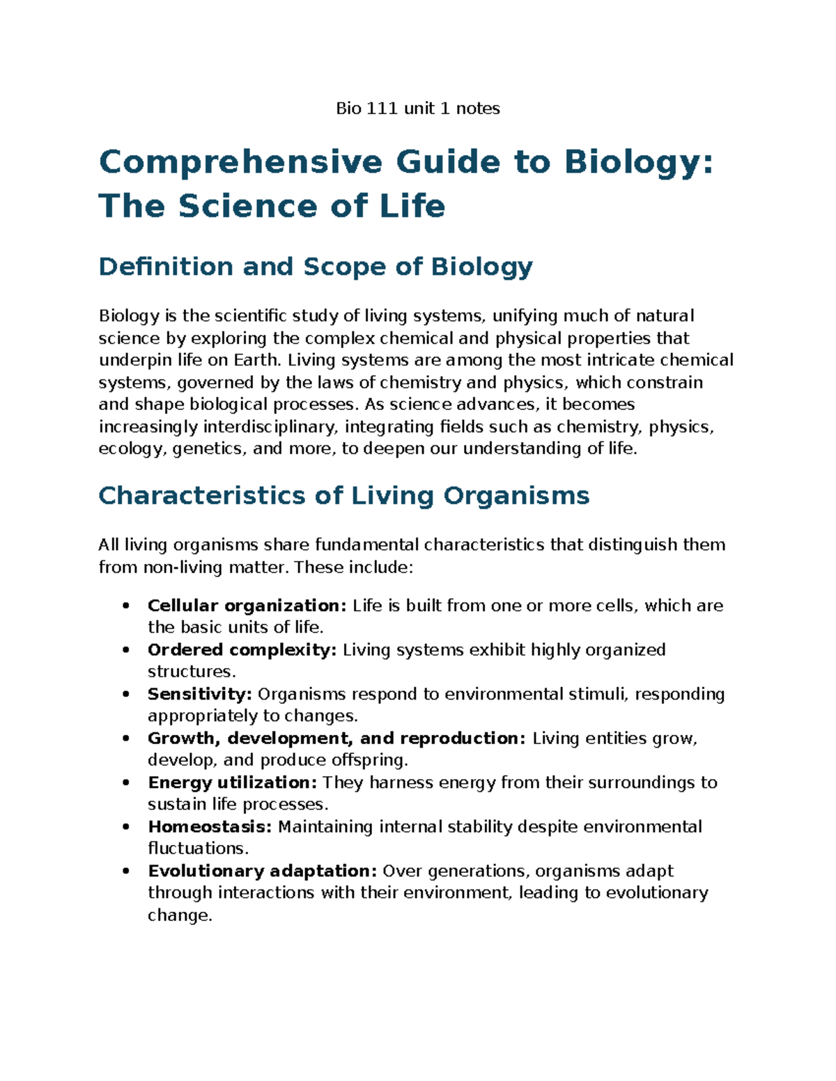 Bio 111 Unit 1 Notes: Foundations of Biology and Chemical Principles ...
