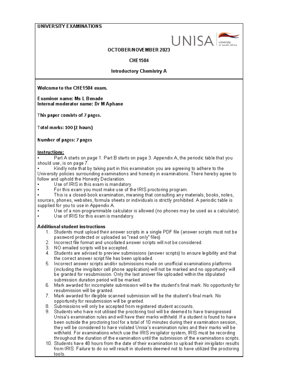CHE1504 Introductory Chemistry A Examination Instructions 2023 - Studocu
