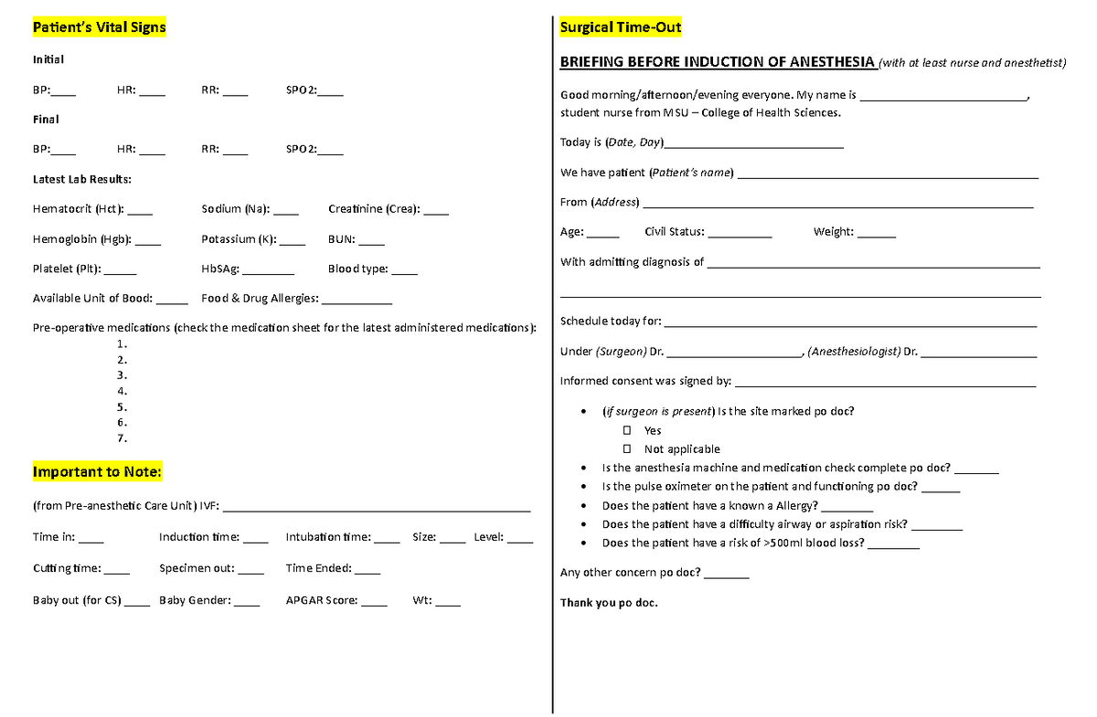 OR Time out Template - Patient’s Vital Signs Initial BP:____ HR ...
