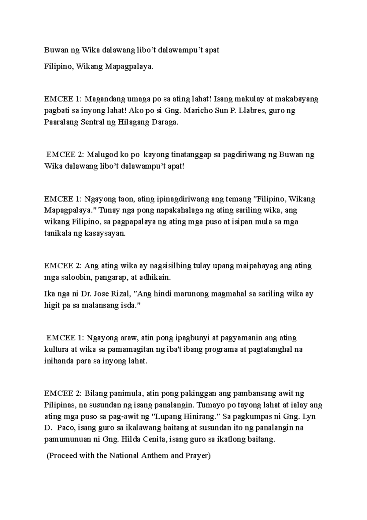 Emcee Script para sa Buwan ng Wika 2024: Filipino, Wikang Mapagpalaya - Studocu