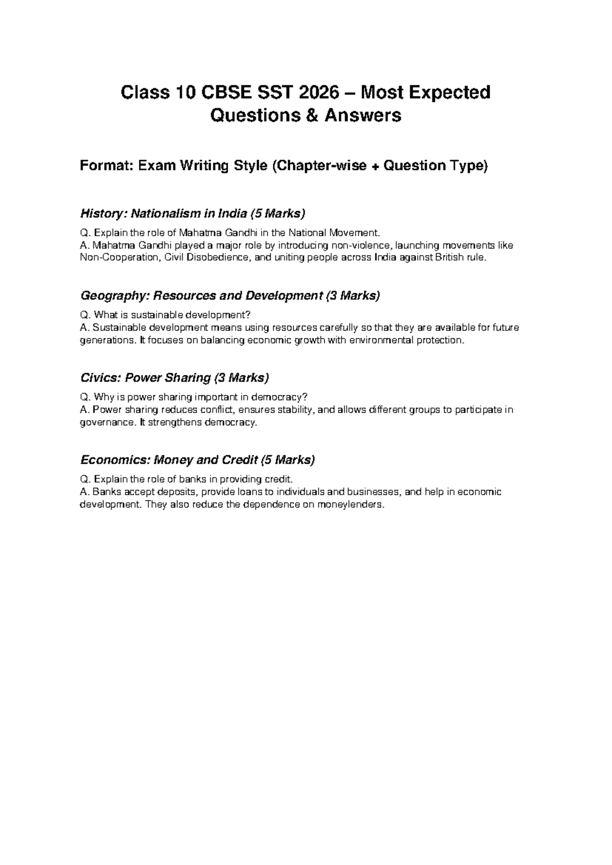 Class 10 CBSE SST 2026 Most Expected Q&A Format for Exam - Studocu