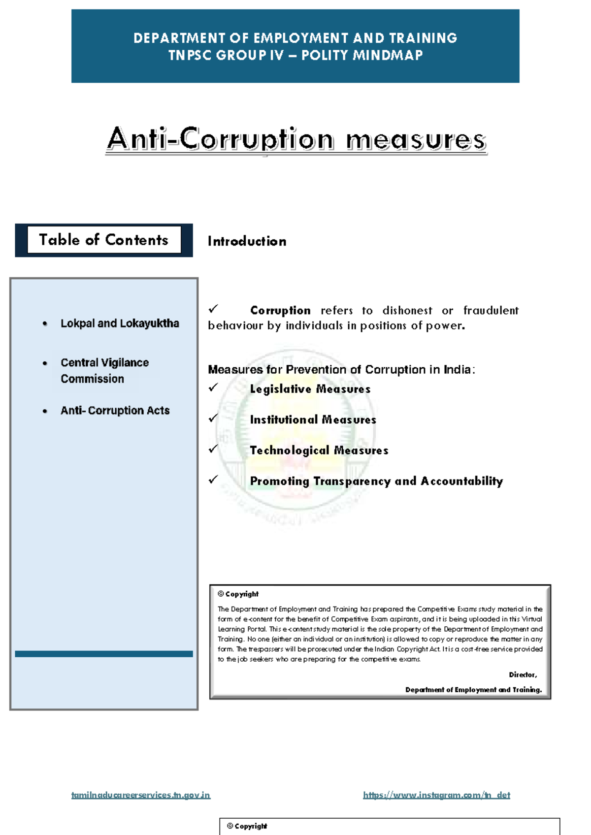 TNPSC GROUP IV Polity: Anti-Corruption Measures Mindmap - Studocu