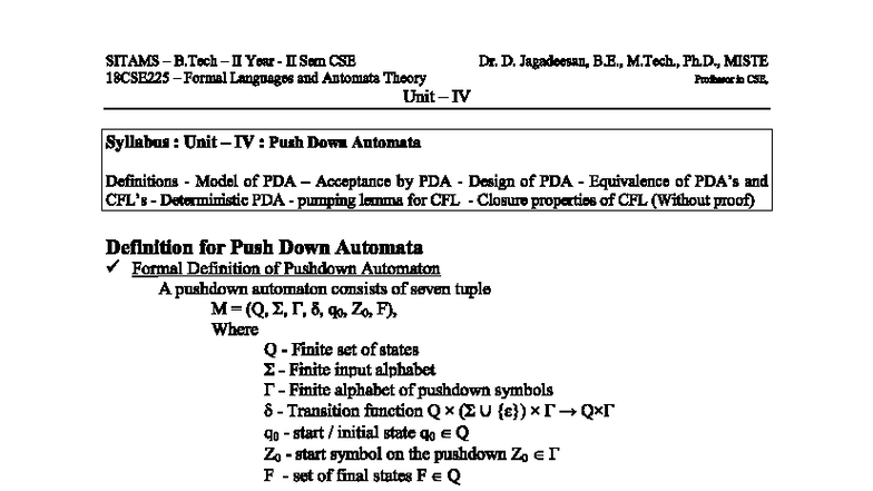 18CSE225 Unit IV: Push Down Automata - Definitions & Acceptance Methods ...