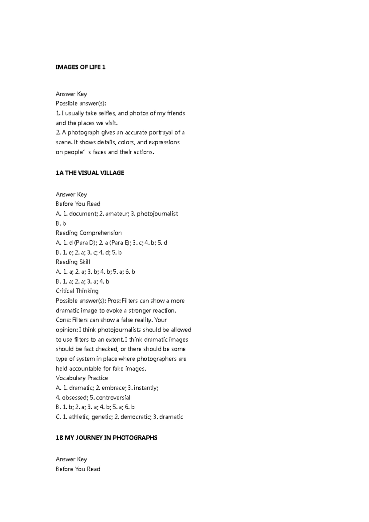 Reading Explorer 3rd, 2, Answer Keys - FOOD AND HEALTH 1 Answer Key ...