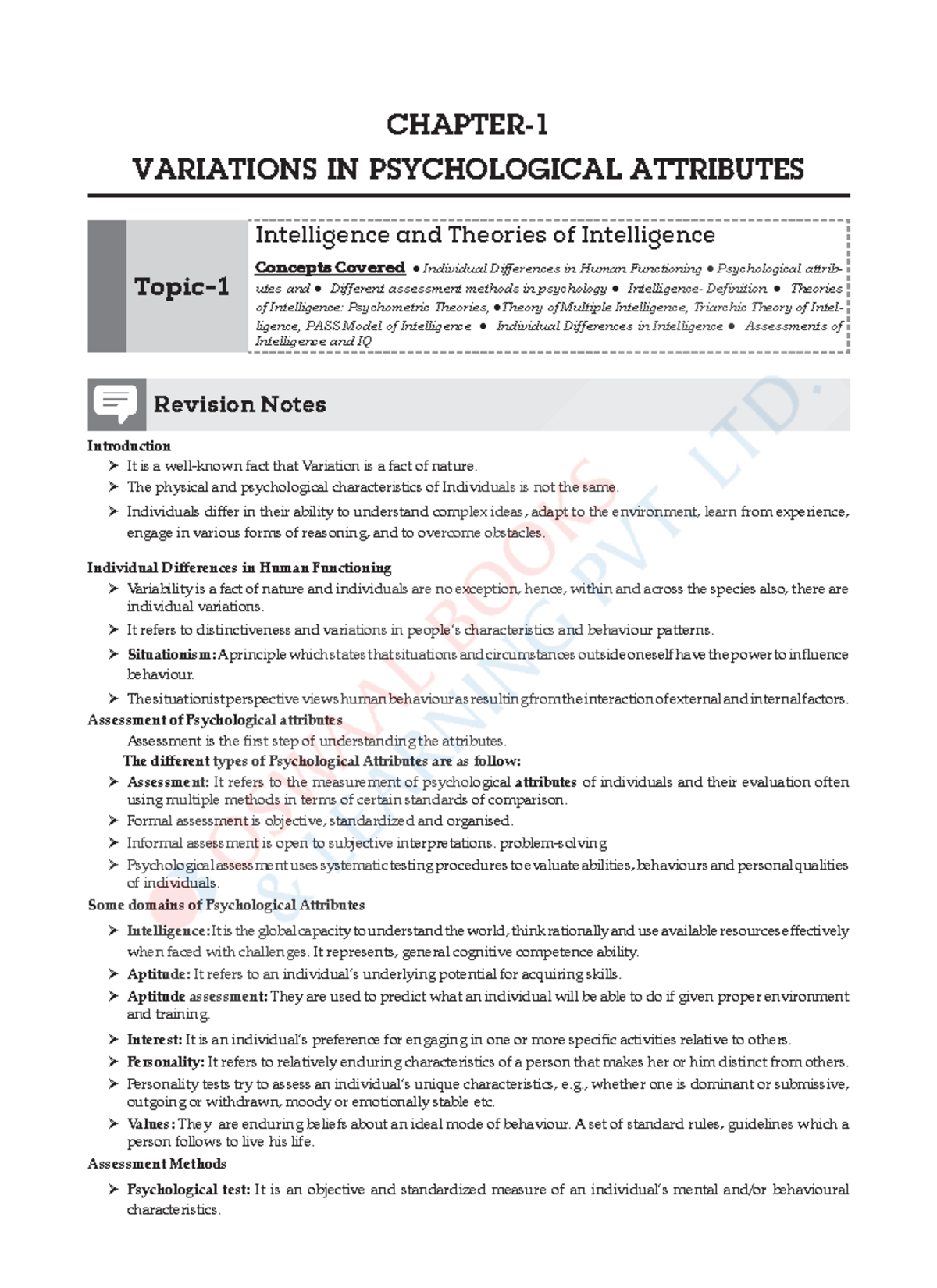 Revision Notes Psychology class 12 - CHAPTER- VARIATIONS IN ...